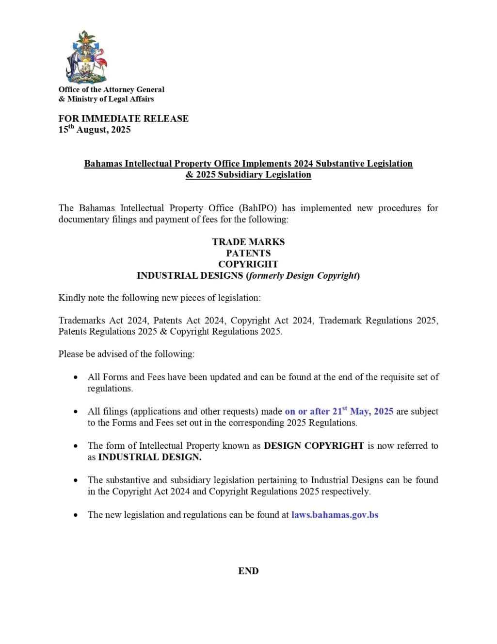 Bahamas Intellectual Property Office Implements 2024 Substan