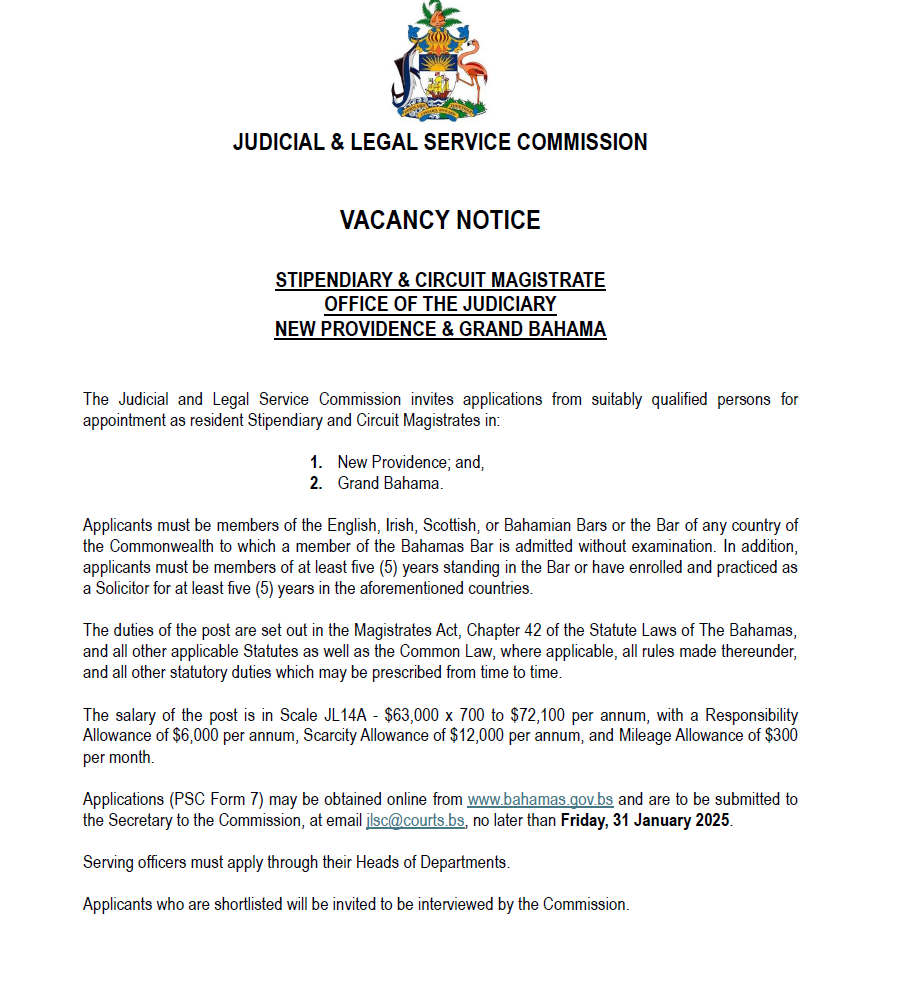 Vacancy Notice Stipendiary Circuit Magistrate | Government of The Bahamas