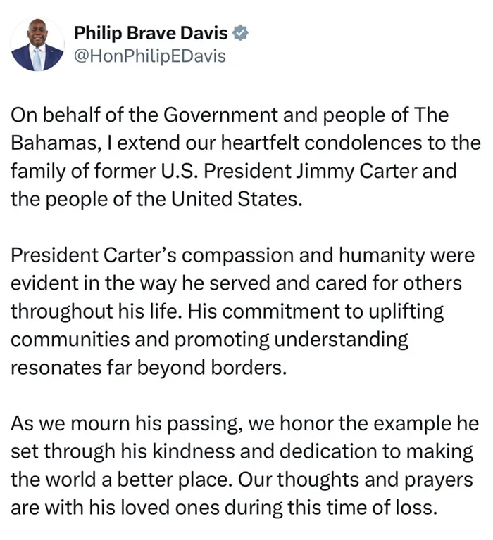 Message from Prime Minister Davis on the passing of Former US President ...